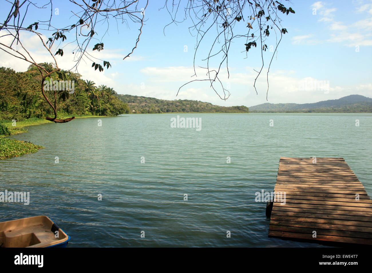 View of wooden jetty and lake, Lago Gatun, Lake Gatun, Panama Stock ...