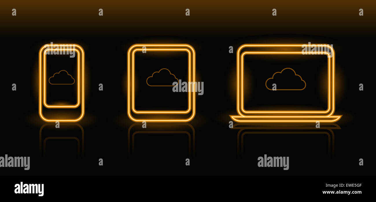Vector neon technology icons in orange color on black background Stock ...