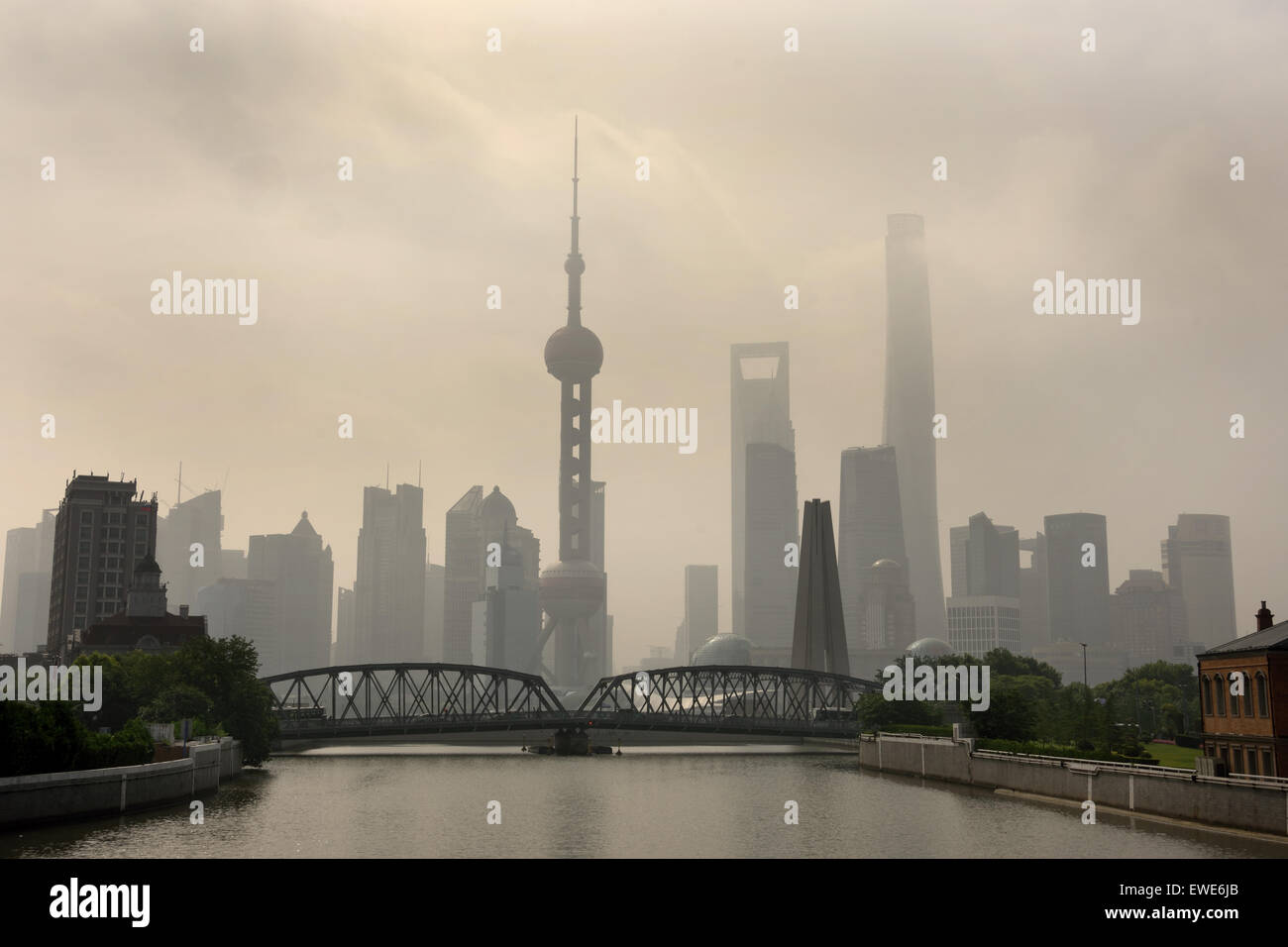 Shanghai Waibaidu Bridge with Pudong City on background Skyline ...
