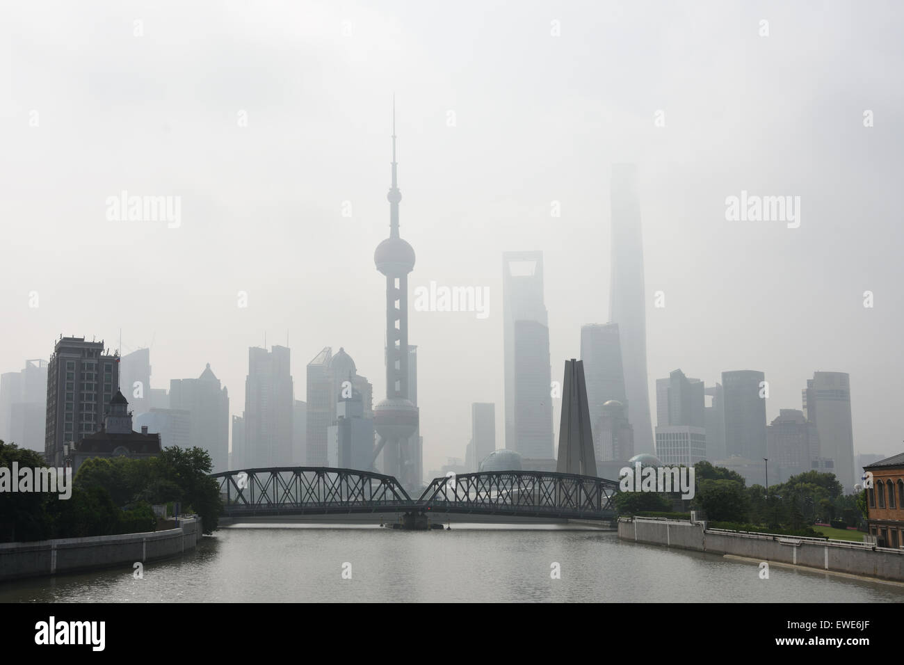 Shanghai Waibaidu Bridge with Pudong City on background Skyline ...