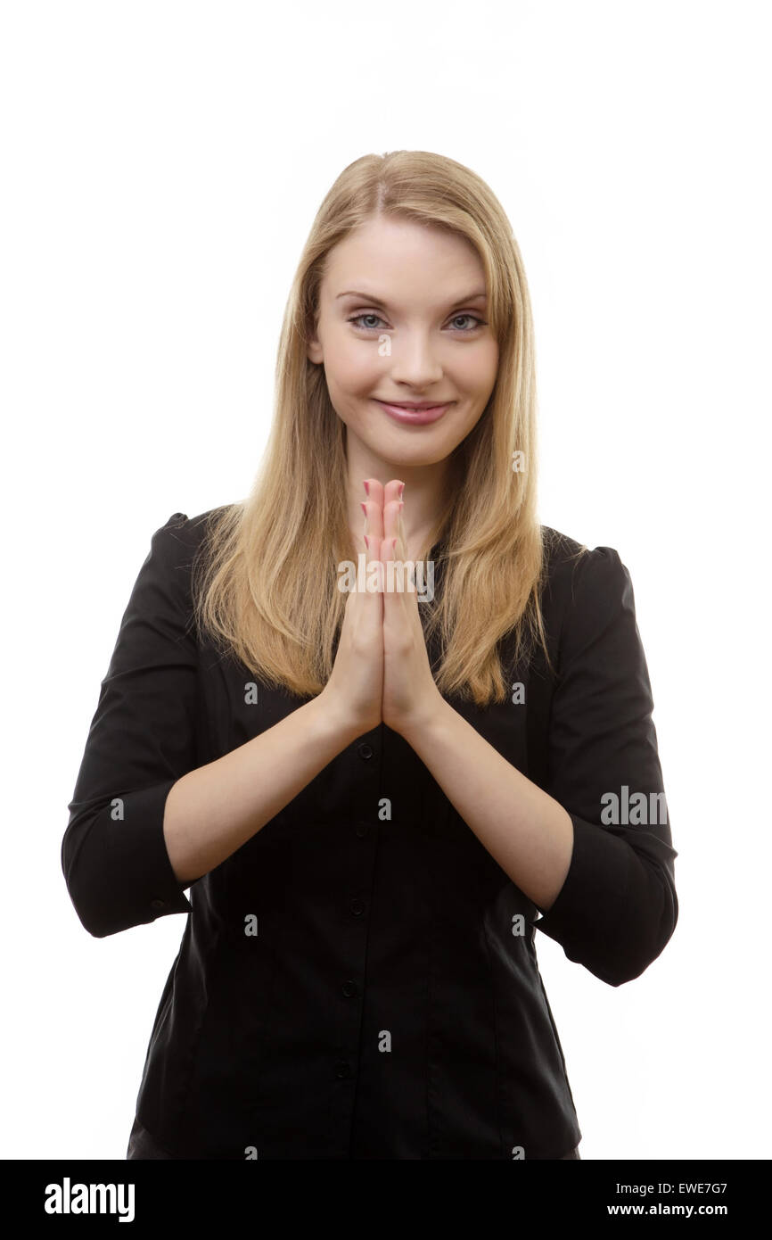 woman praying with a big smile on her face Stock Photo - Alamy