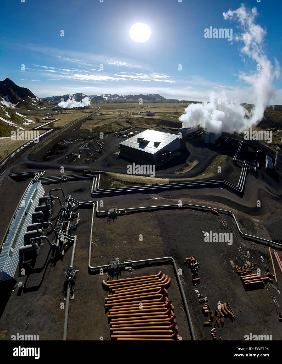 Pipes at Hellisheidi Geothermal Plant, shot using a drone, Iceland ...