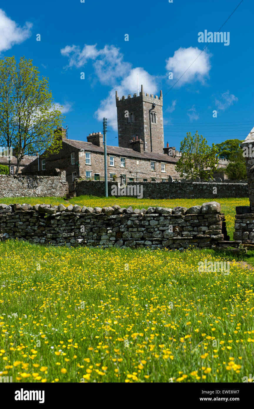 St Oswalds Church, Askrigg in Wensleydale, seen over a wildflower ...