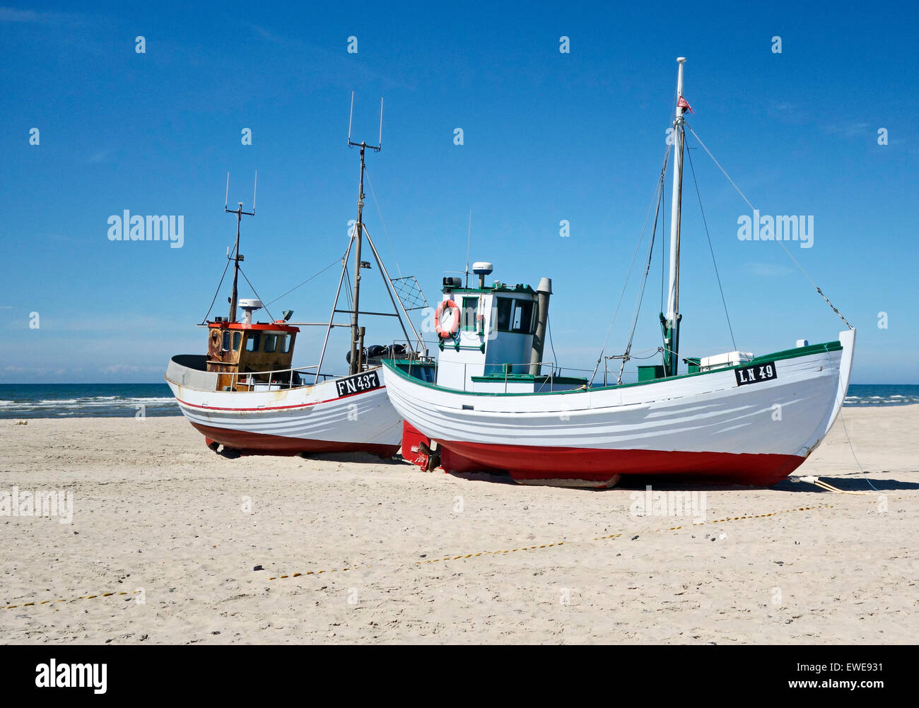 Small Danish Fishing boats beached at Loekken in Northern Jutland with ...