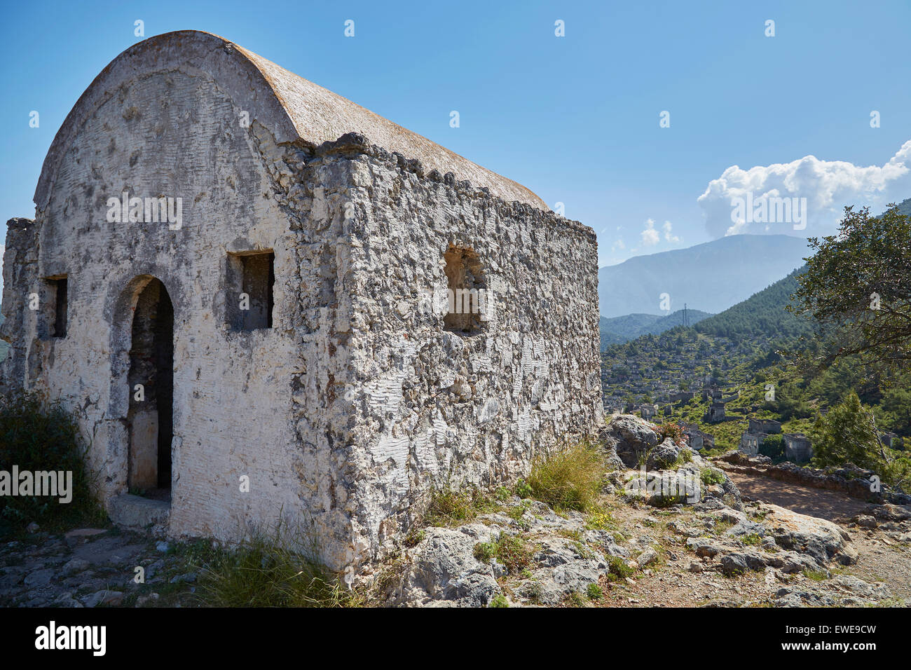 A small church at the top of deserted Turkish "ghost town" village of ...