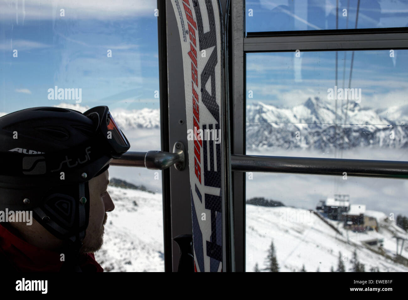 Oberstdorf, Germany, skiers in the Fellhornbahn on the way to the top ...