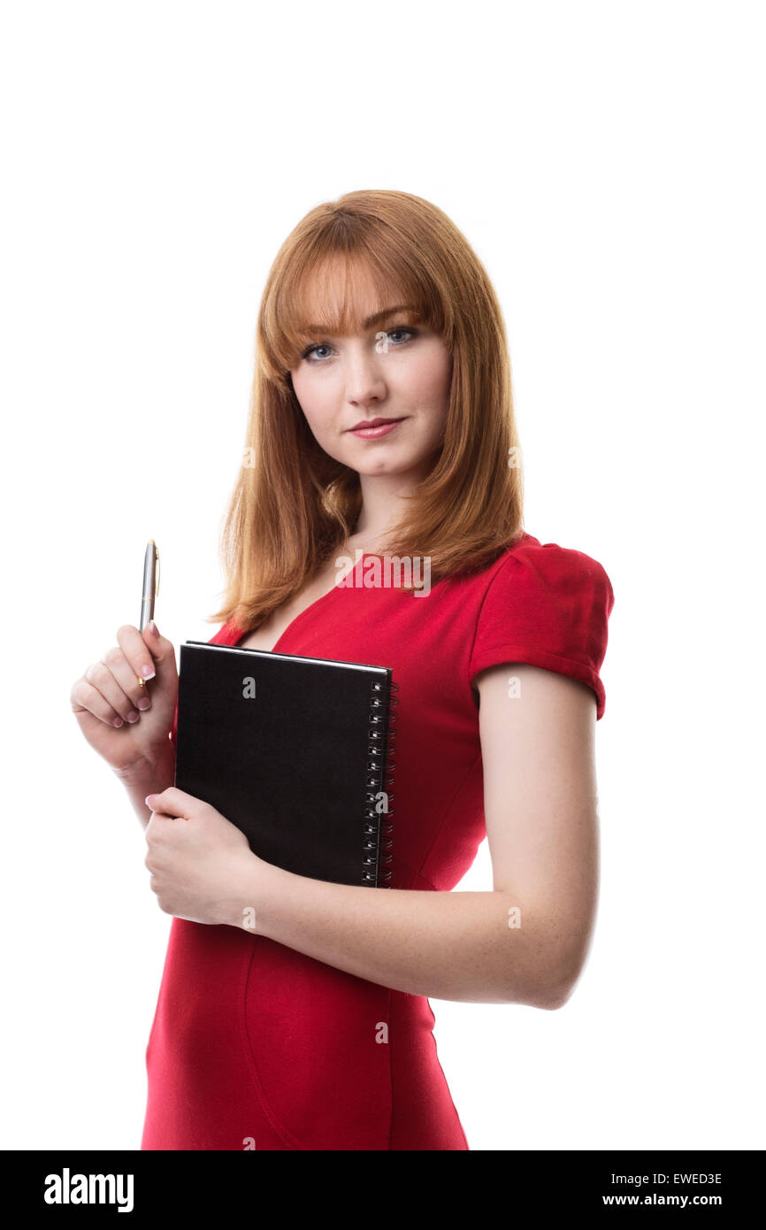 business woman in holding note book and pen Stock Photo - Alamy