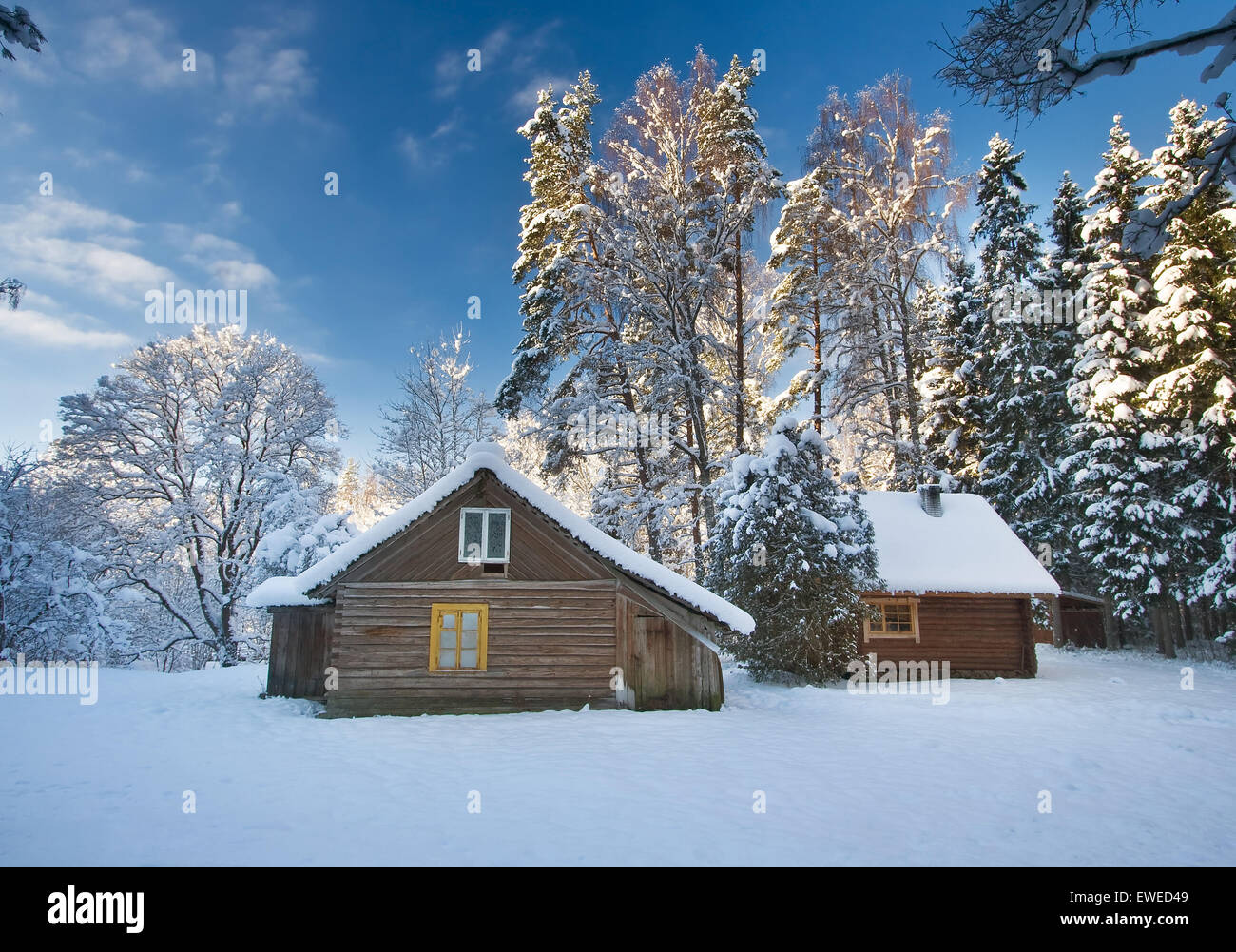 Old houses in snowy forest Stock Photo - Alamy