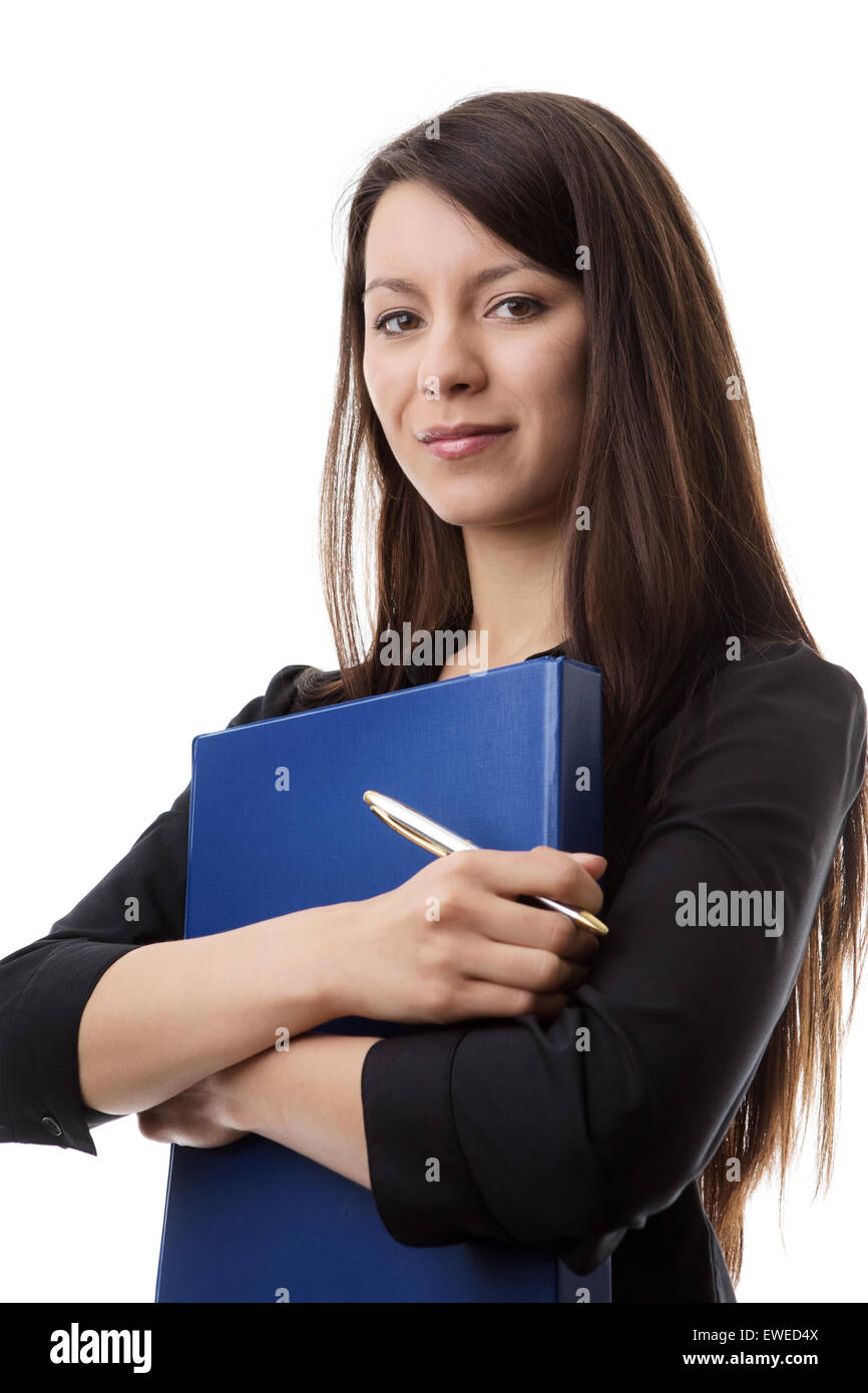 woman holding folder shot on white back ground Stock Photo - Alamy