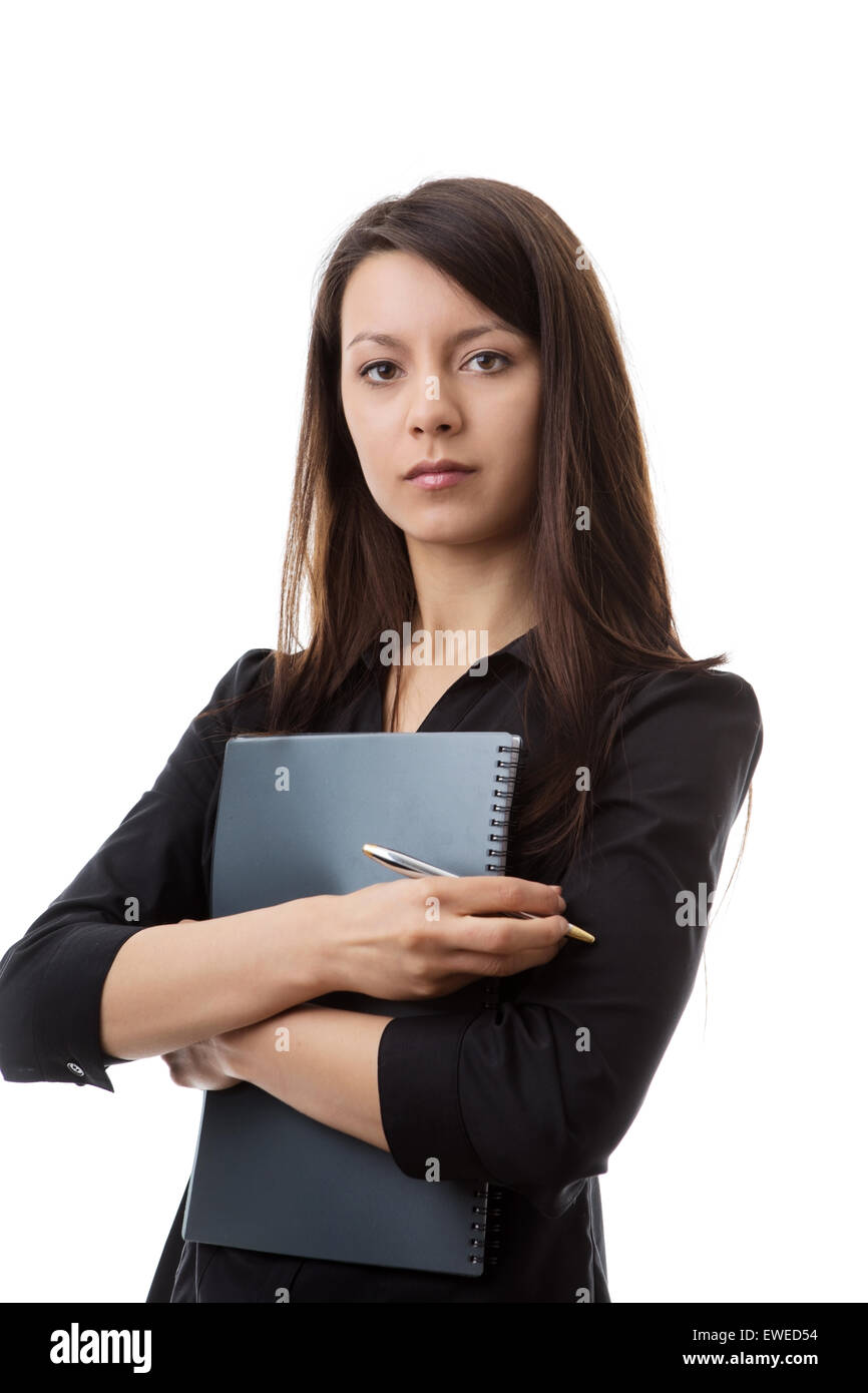 woman holding folder shot on white back ground Stock Photo - Alamy