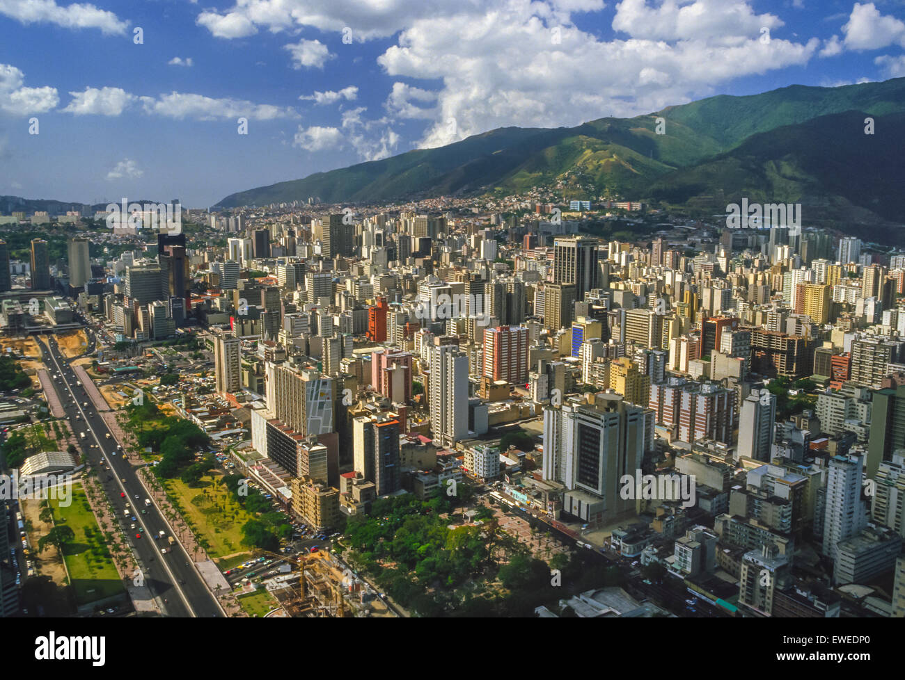 CARACAS, VENEZUELA - Aerial view of downtown. El Avila mountain upper ...