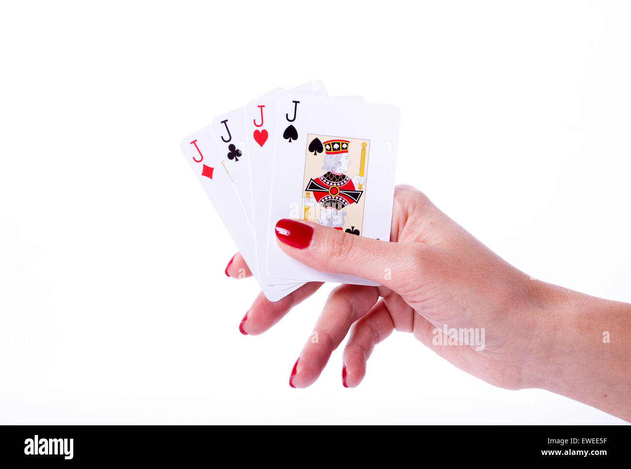 Playing cards in hand isolated on white background Stock Photo - Alamy