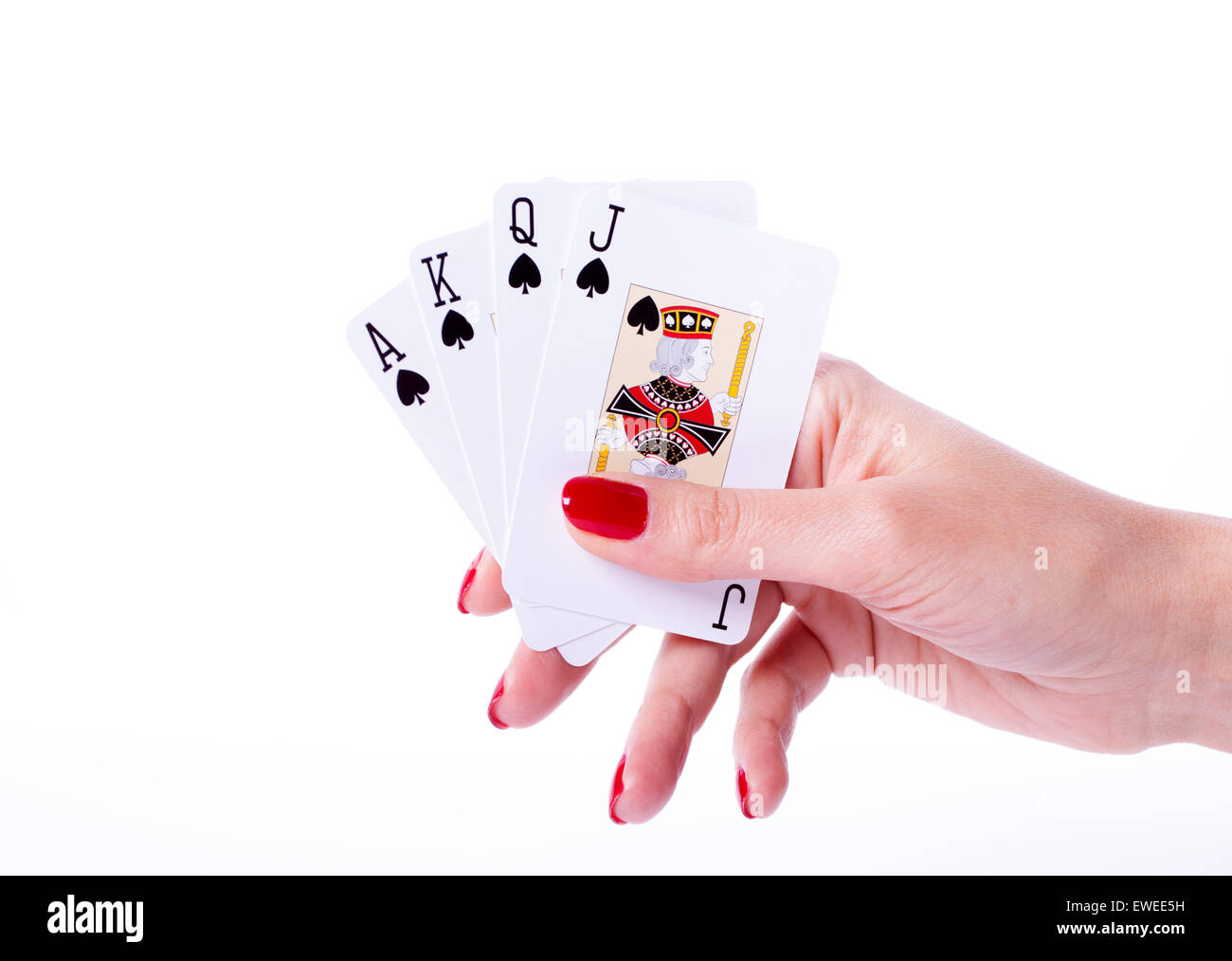 Playing cards in hand isolated on white background Stock Photo - Alamy