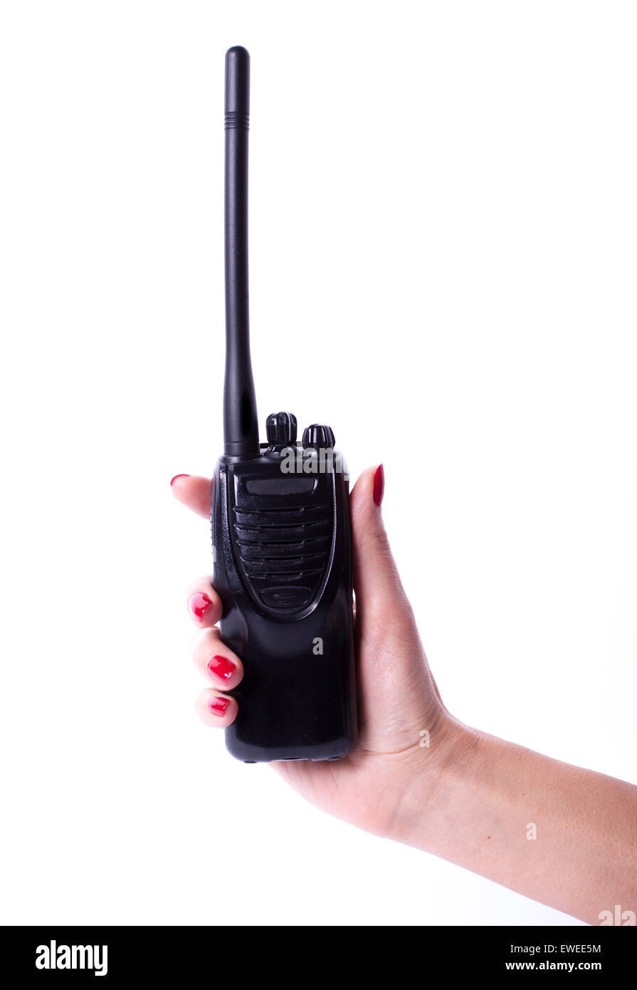 Female hand holding portable radio transmitter, isolated over white background Stock Photo - Alamy
