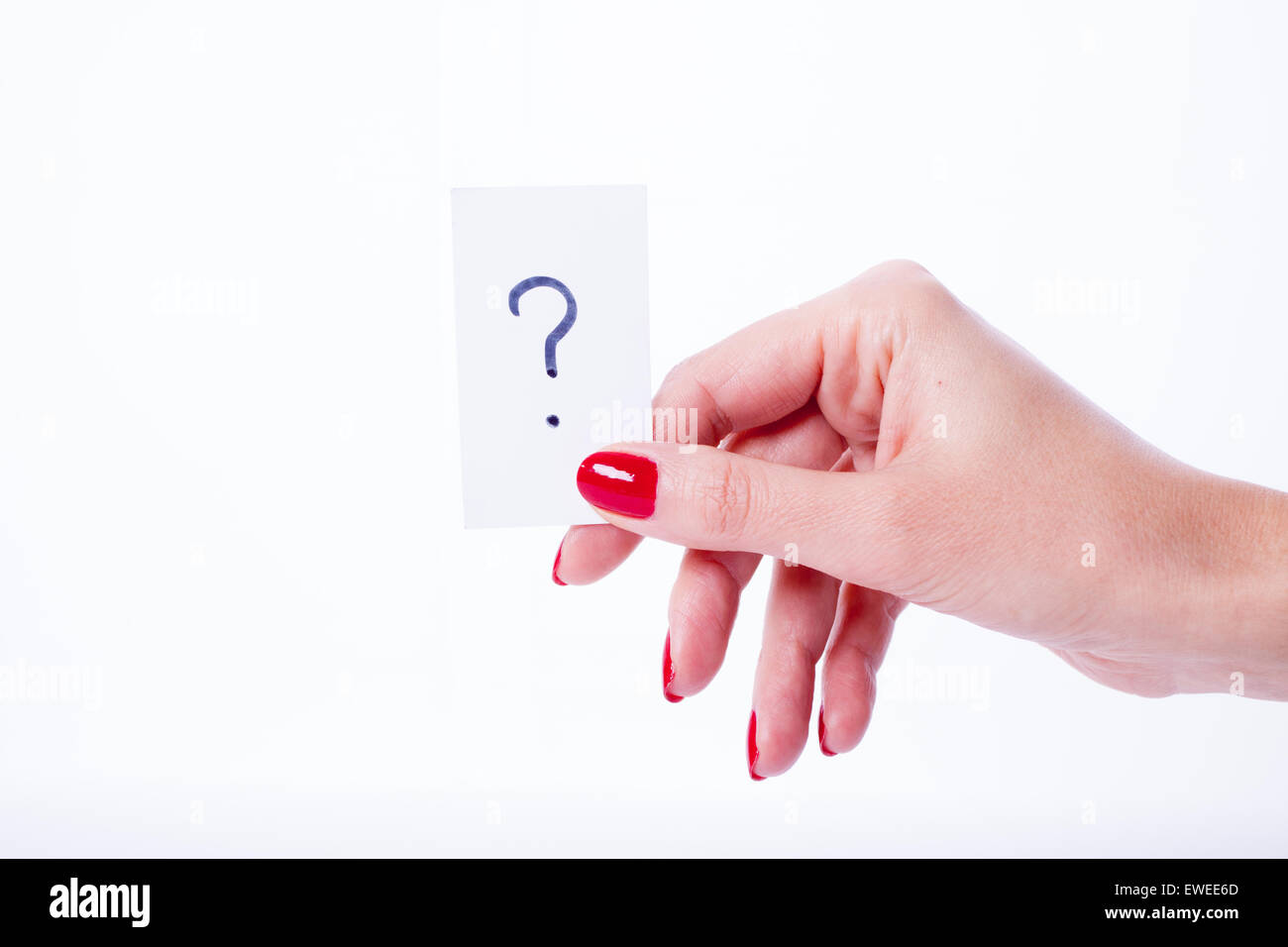 Woman hand holding a white card on white background, question mark ...
