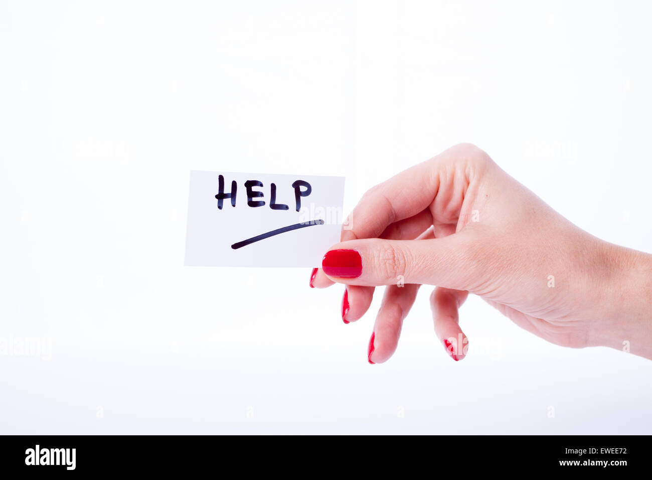 Woman hand holding a white card on white background, help Stock Photo ...