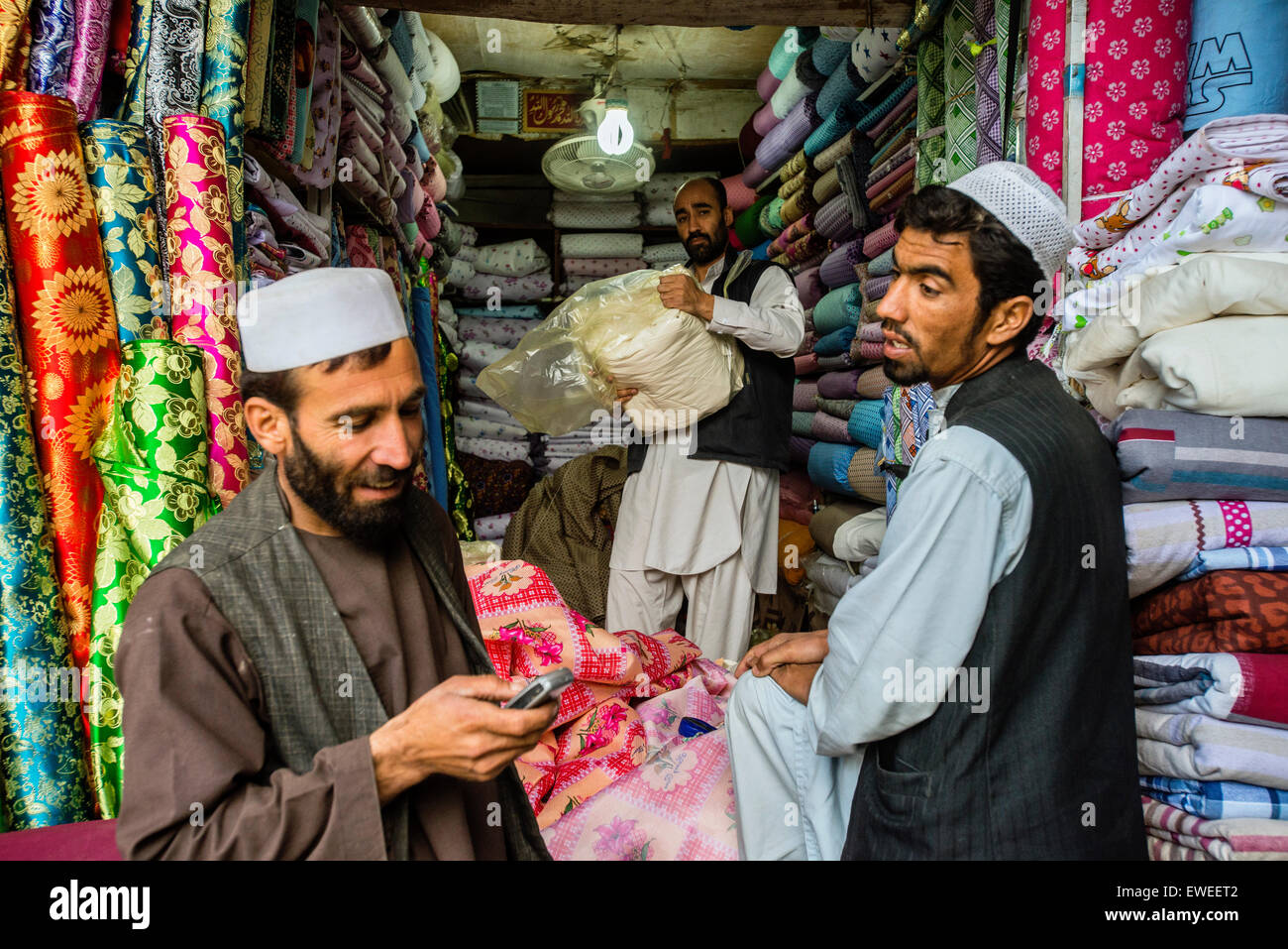 Vendors sell textile on Bazaar in Old city of Kabul, Afghanistan Stock ...