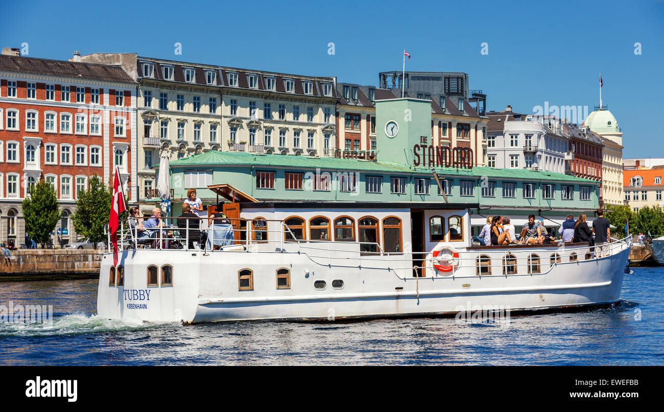 Tourist boat in front of the Standard, Copenhagen harbour, Denmark ...
