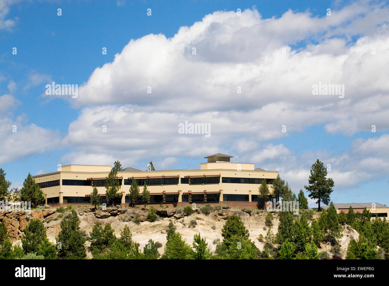 Office buildings along the Deschutes River in Bend, Oregon, near the ...