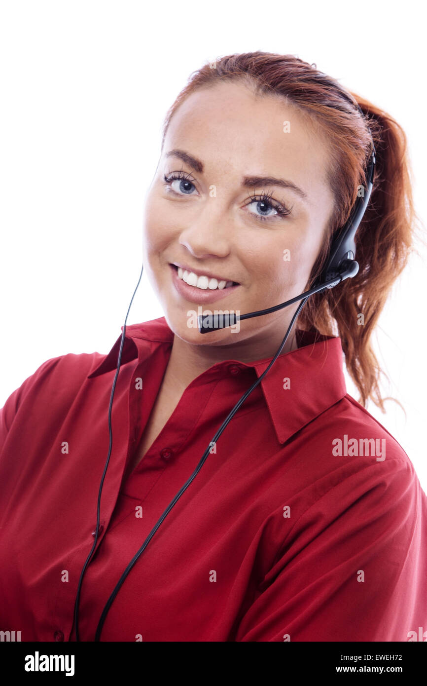 young woman with head phone on a call in a call center Stock Photo - Alamy
