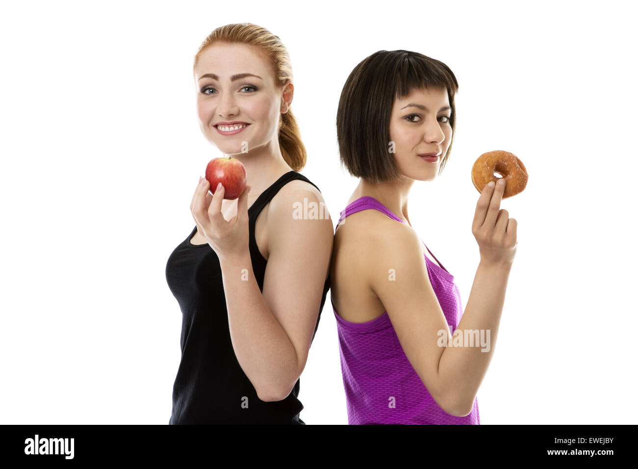 two models wearing gym clothes standing back to back one is holding a ...