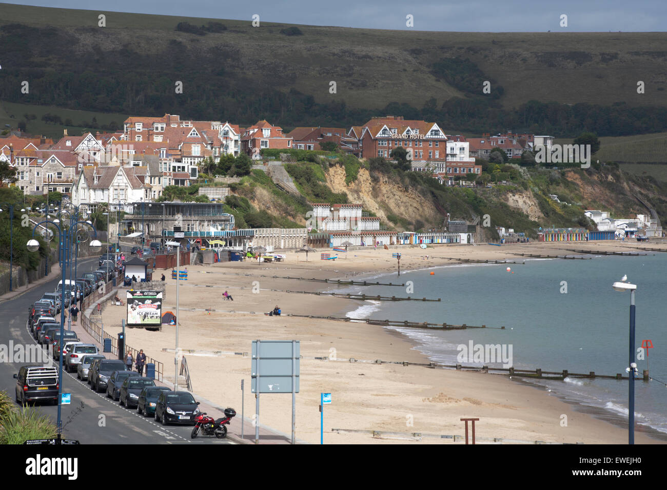 The beach and seafront at the town and holiday resort of Swanage Isle ...