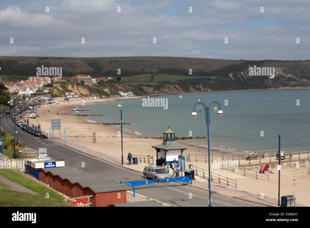 The beach and seafront at the town and holiday resort of Swanage Isle ...