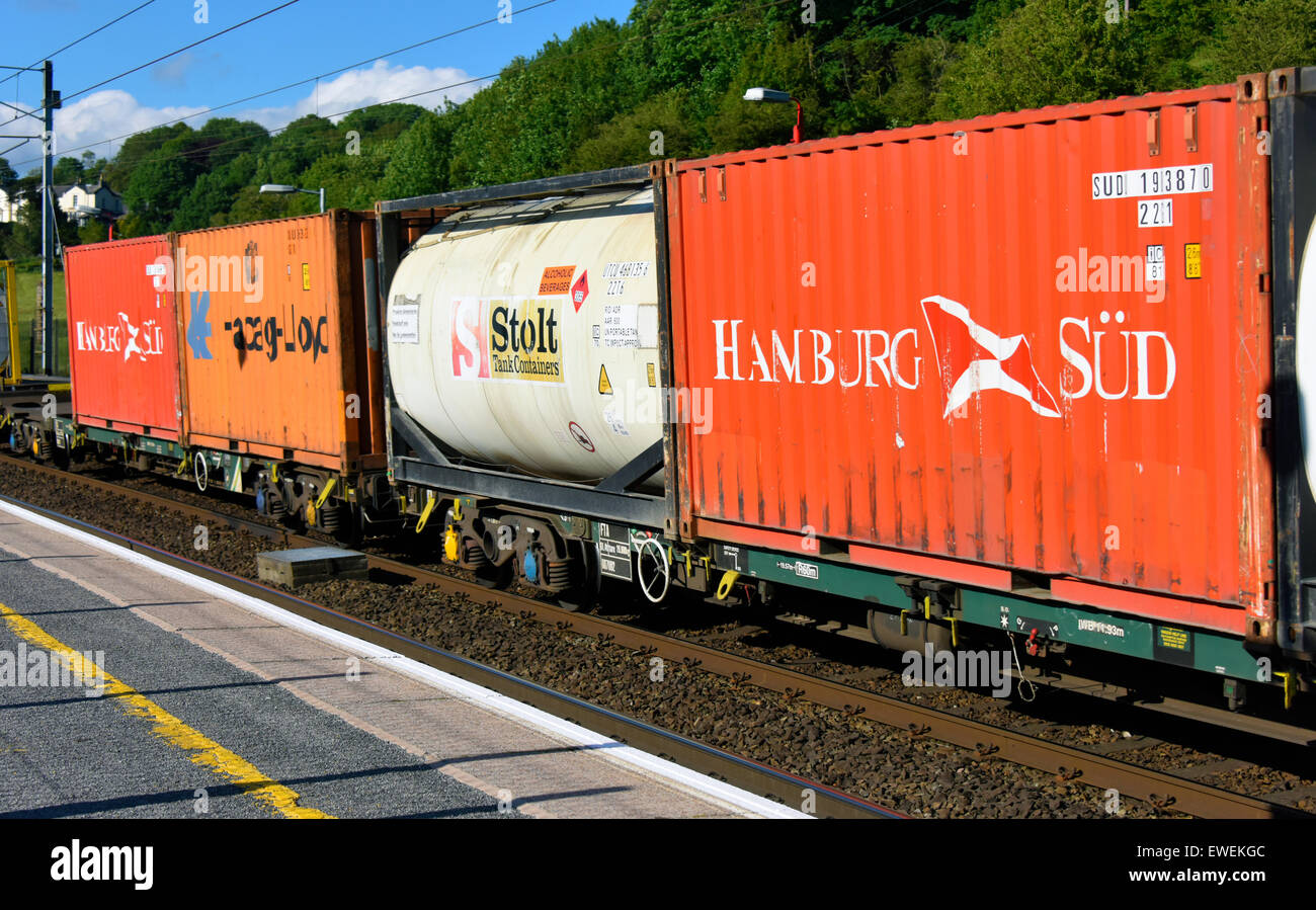 Mixed freight train. Oxenholme Rail Station, Cumbria, England, United ...