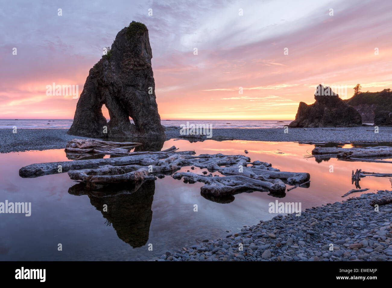 Sunset reflected in a slow moving stream, with sea stacks and driftwood ...