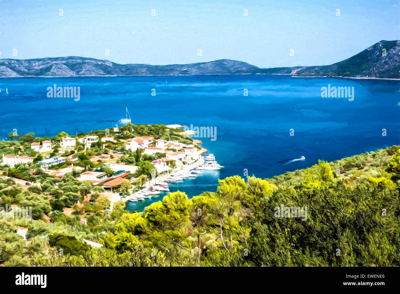 Bird's eye view of Steni Vala bay in Alonissos - painting effect Stock ...