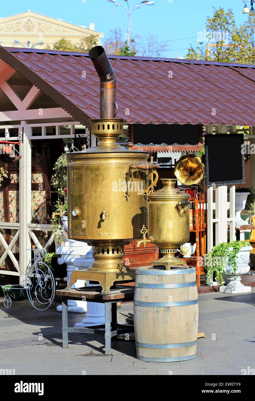 Large brass vintage samovar before summer cafe in the center of Moscow ...
