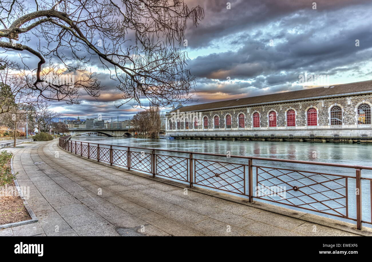 BFM, promenade and Rhone river by sunset, Geneva, Switzerland Stock ...