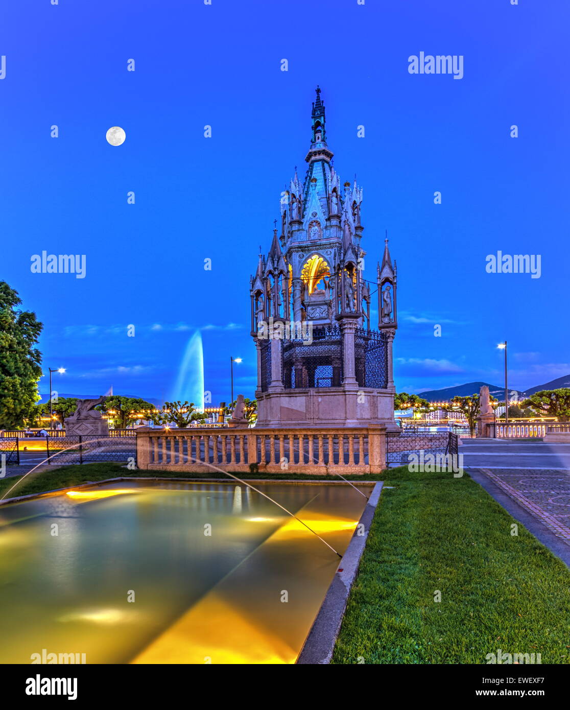 Brunswick monument and fountain by night in Geneva, Switzerland, HDR ...