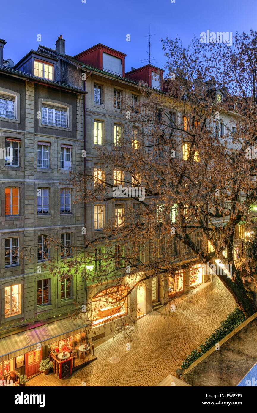Street and restaurants in old city by night, Geneva, Switzerland Stock ...