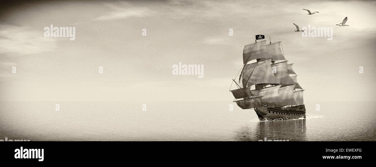 Beautiful detailed Pirate Ship, floating on the ocean surrounded with ...