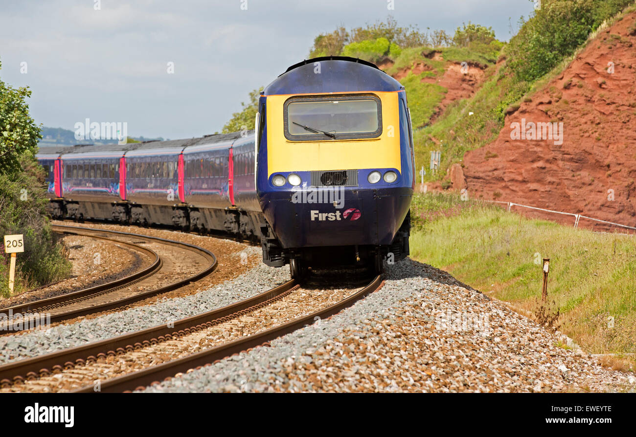 Great First Western train coming round the bend at Dawlish in Devon ...