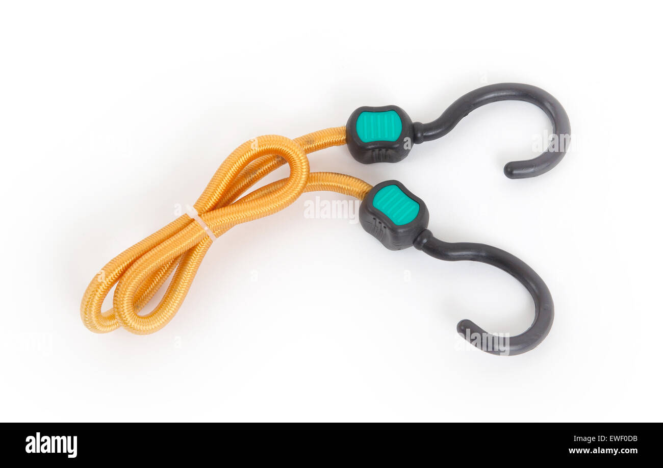 Black hook with elastic rope on a white background Stock Photo - Alamy