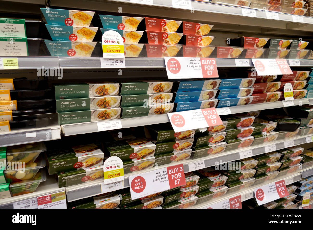 Ready meals for sale on fridge shelves, Waitrose supermarket UK ...