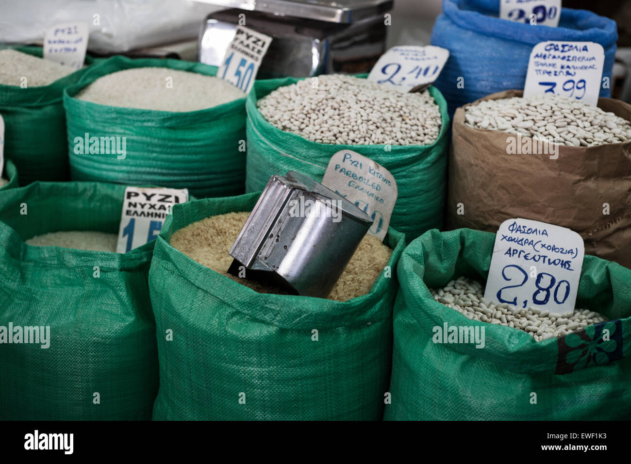 Sacks of rice and pulses in a shop at the central market of Athens ...
