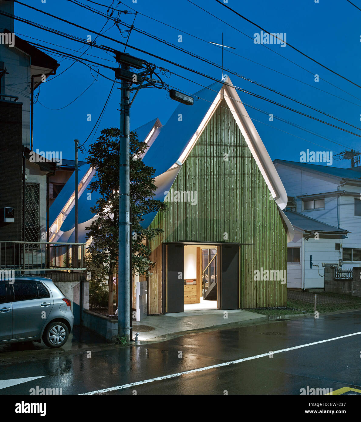 Night elevation across street. Hirata Totsuka Church, Yokohama area ...