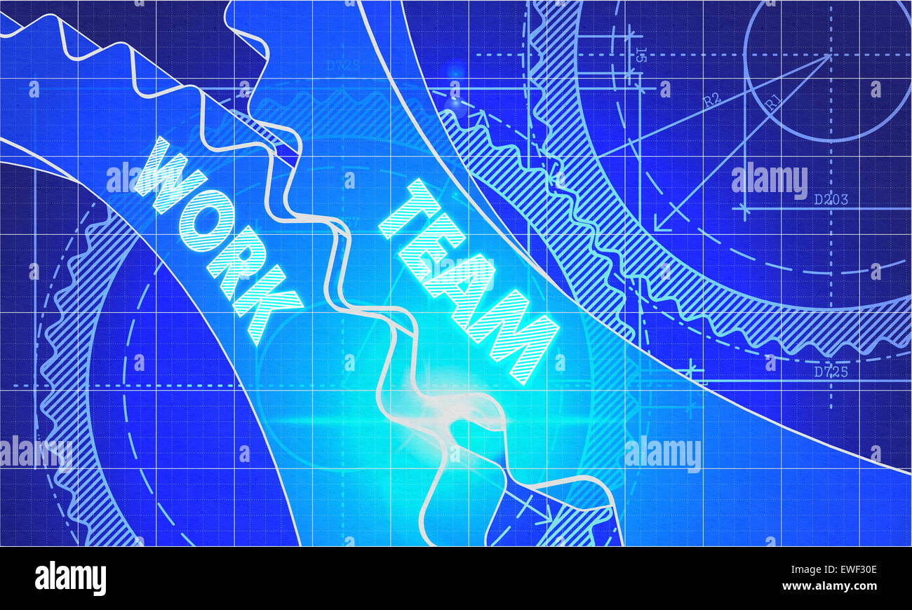 Team Work on Blueprint of Cogs Stock Photo - Alamy