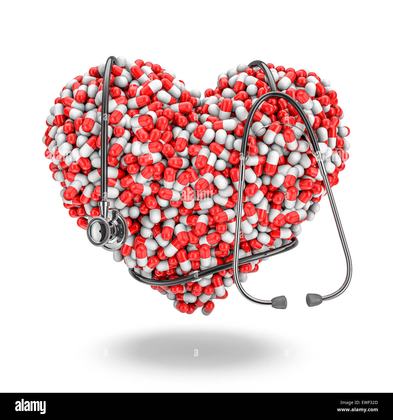 Heart pills stethoscope, 3D render of medicine capsules forming heart ...