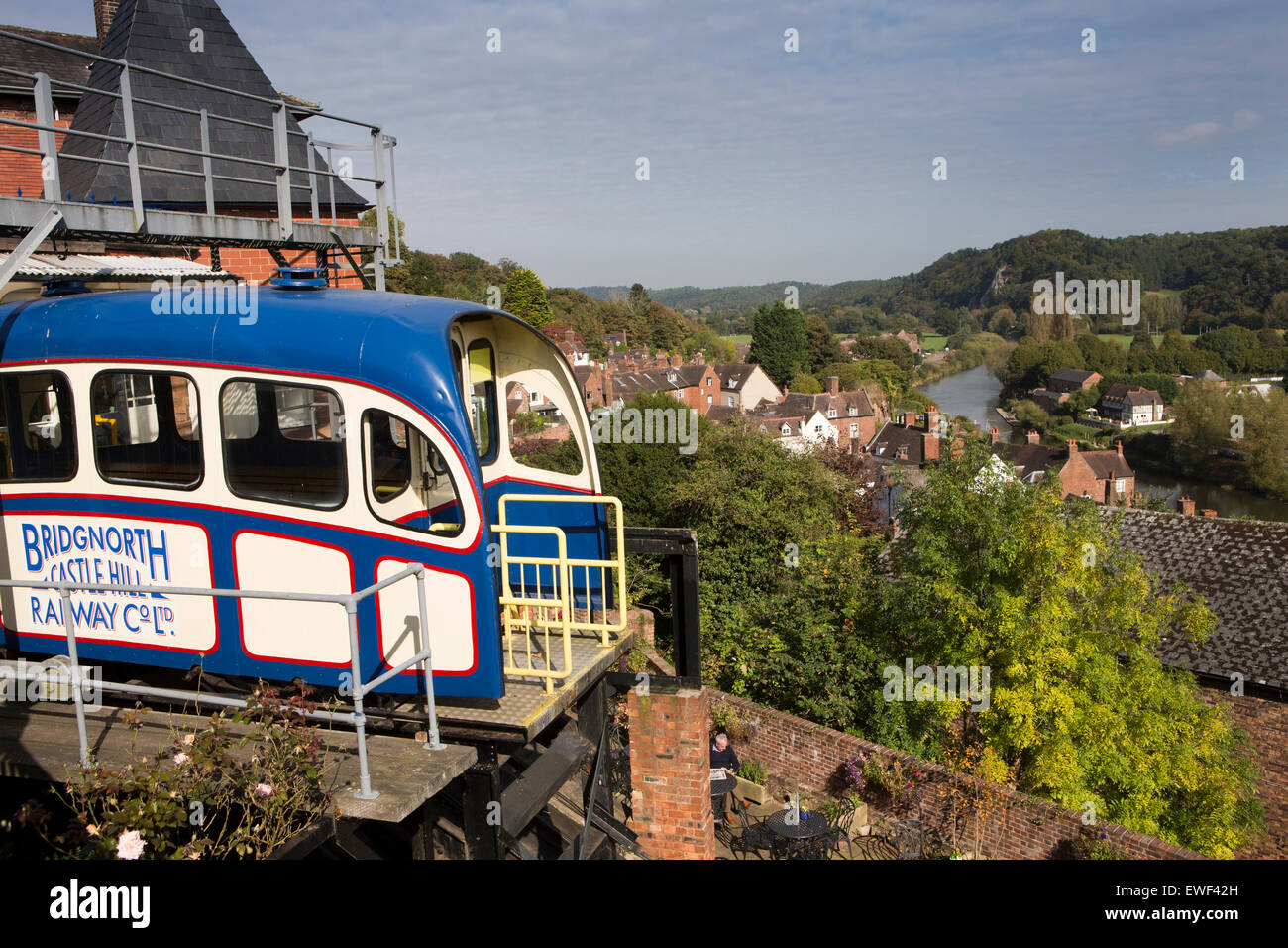 UK, England, Shropshire, Bridgnorth, Castle Hill funicular railway car ...