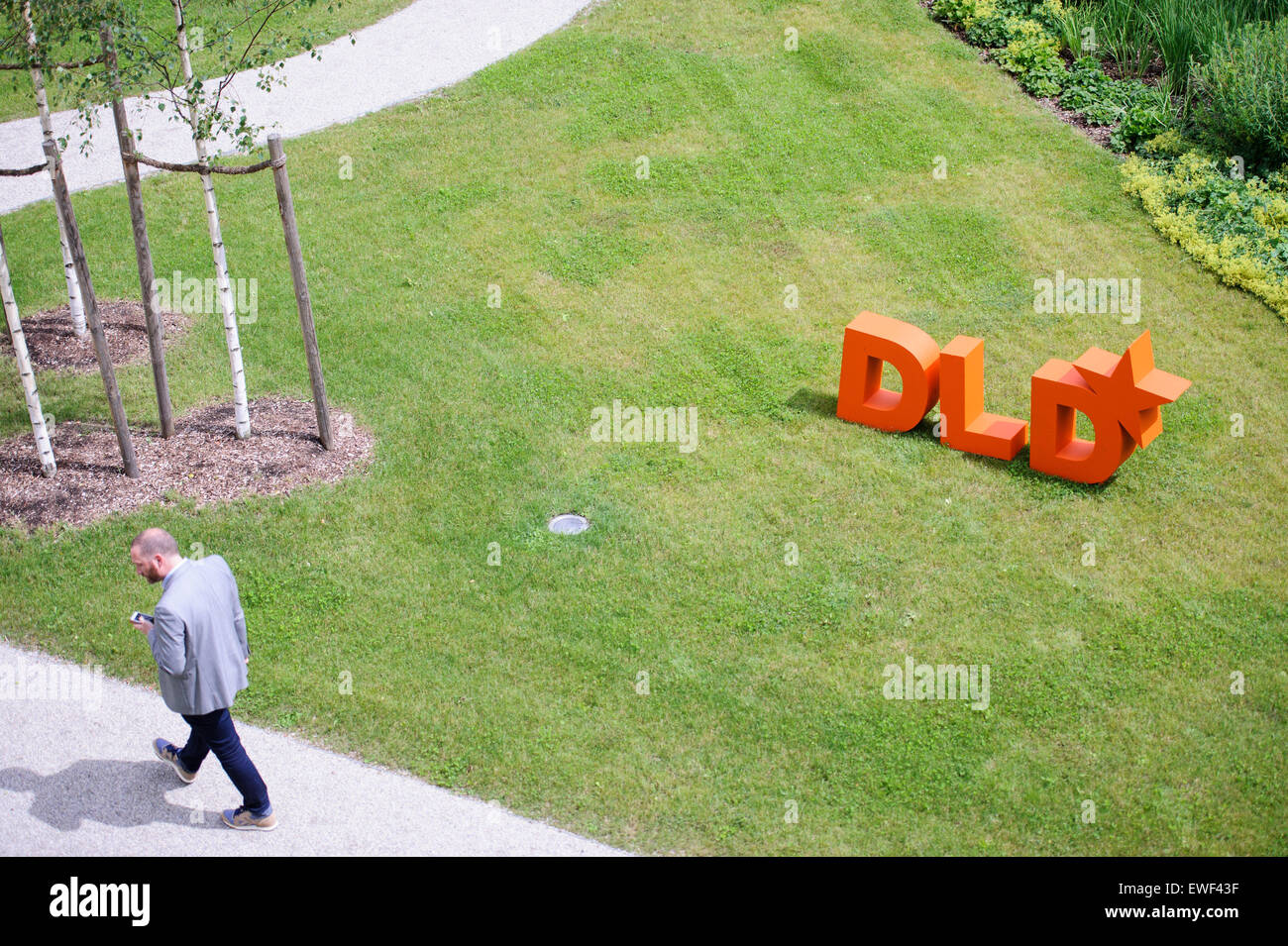 MUNICH/GERMANY - JUNE 22: A DLD-Logo stands in the garden during the ...