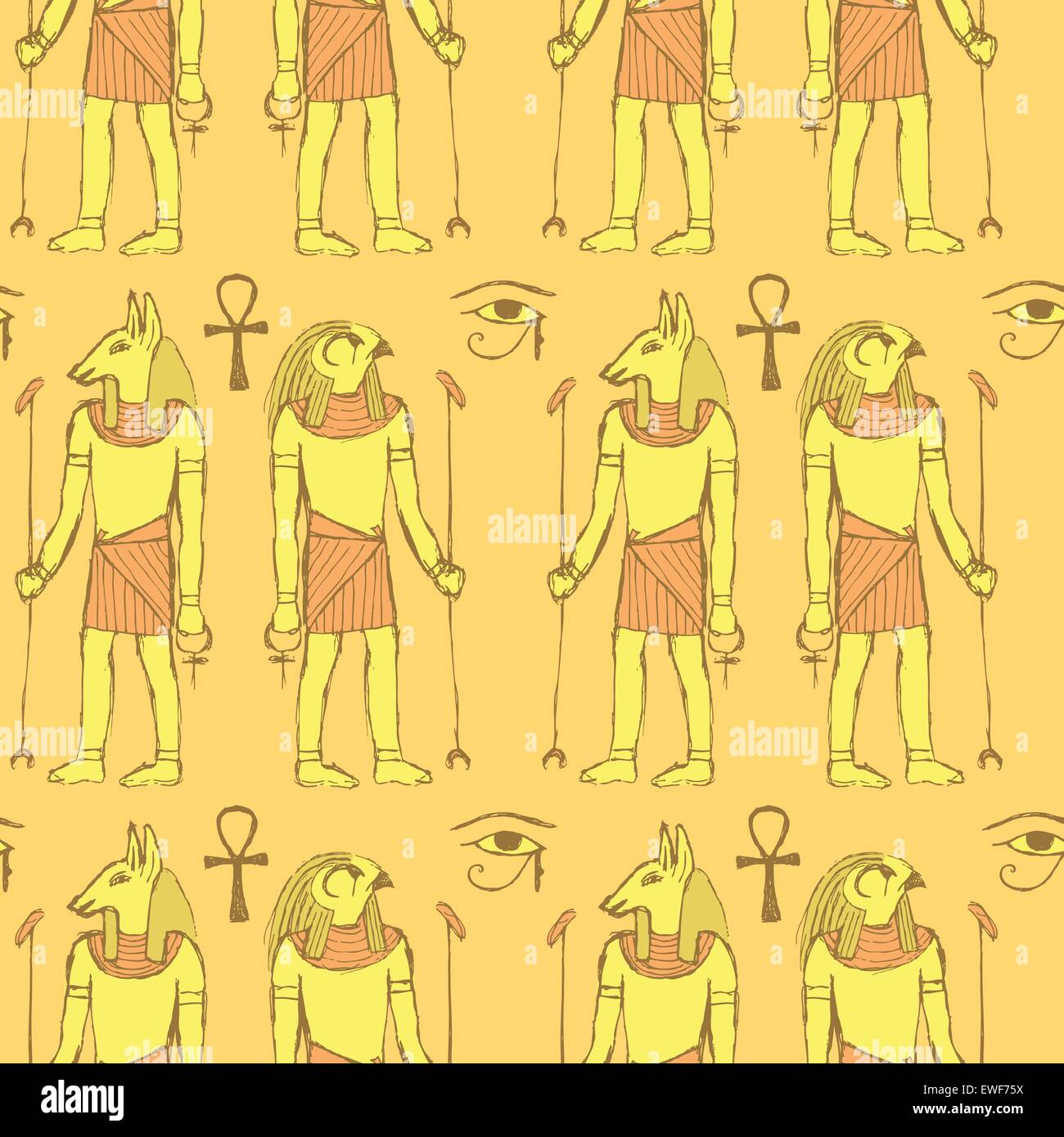 Sketch Egyptian gods in vintage style, vector seamless pattern Stock ...