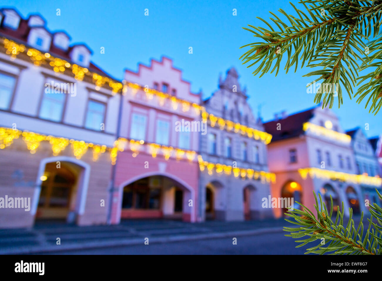 buildings with christmas decoration and christmas tree Stock Photo - Alamy
