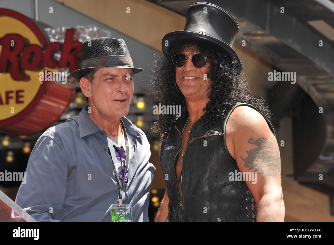 LOS ANGELES, CA - JULY 10, 2012: Rock guitarist Slash & actor Charlie ...