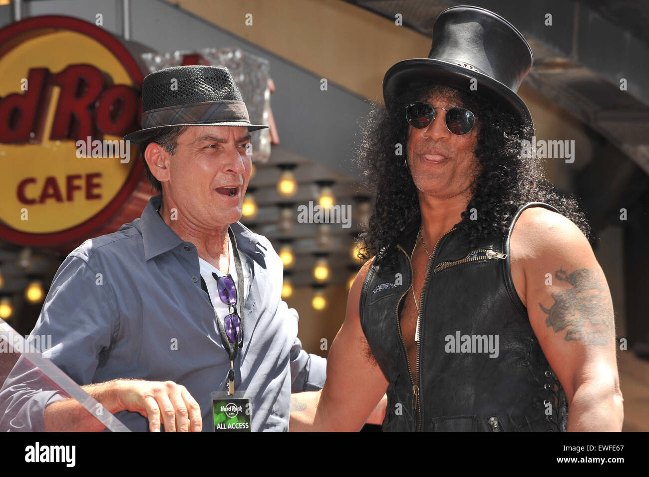 LOS ANGELES, CA - JULY 10, 2012: Rock guitarist Slash & actor Charlie ...