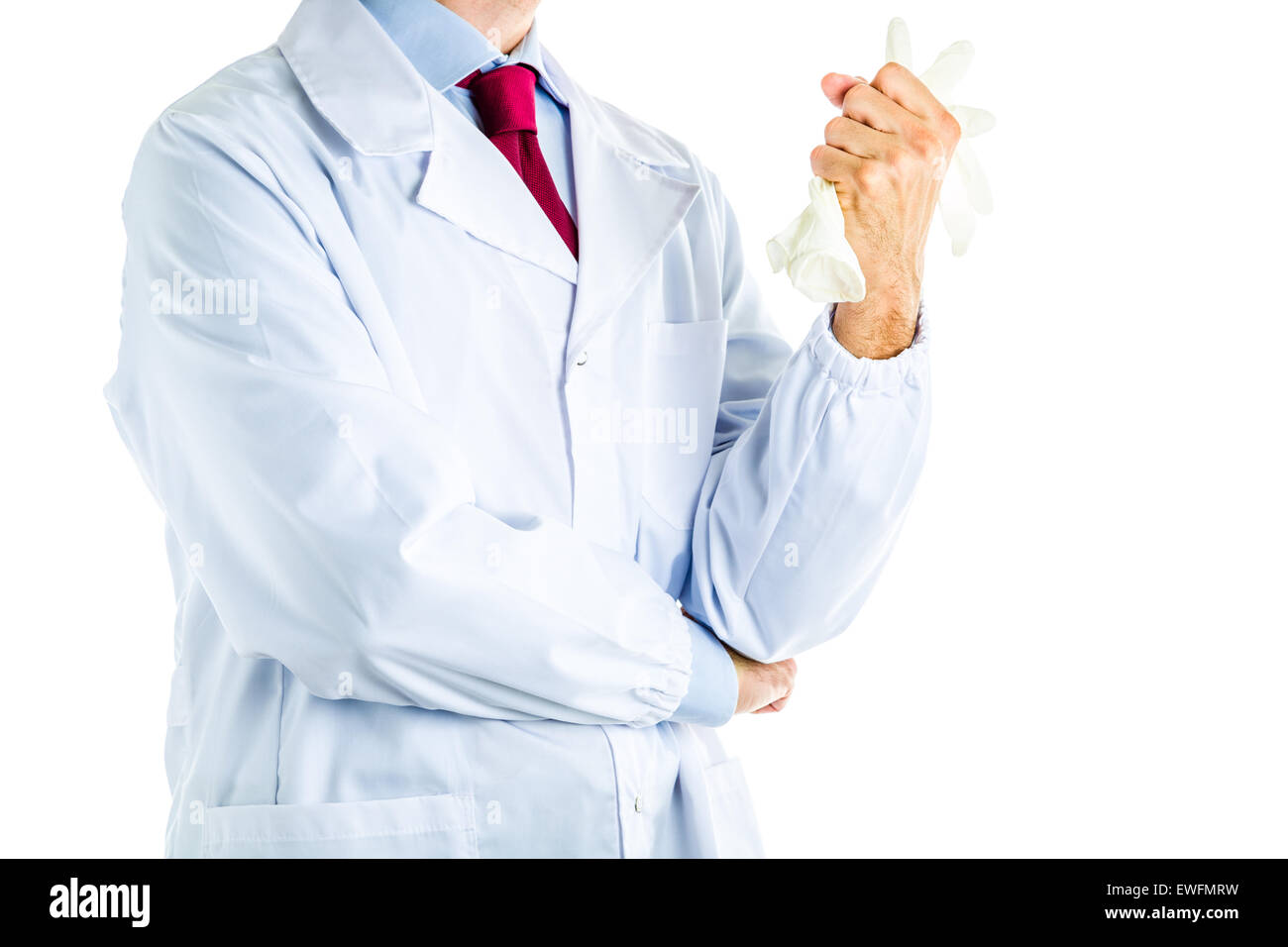 Caucasian male doctor dressed in white coat, blue shirt and red tie is ...