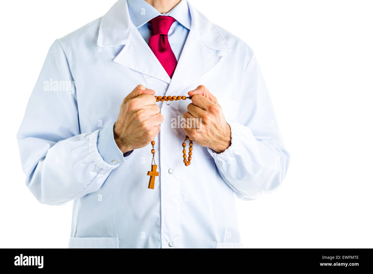 Caucasian male doctor dressed in white coat, blue shirt and red tie is ...